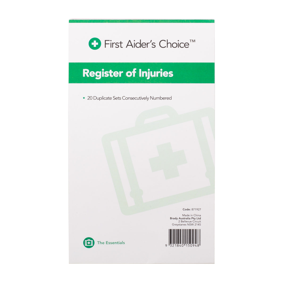 First Aider's Choice Register Of Injuries Book & Pen — Trafalgar First Aid