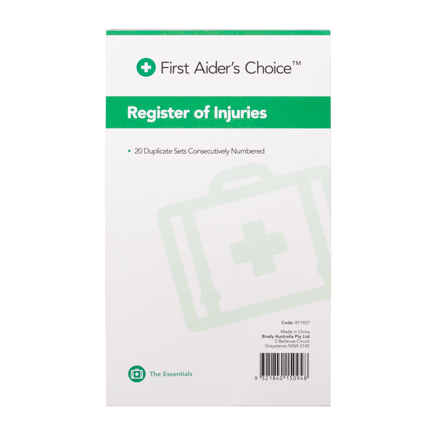 First Aider's Choice Register Of Injuries Book & Pen — Trafalgar First Aid