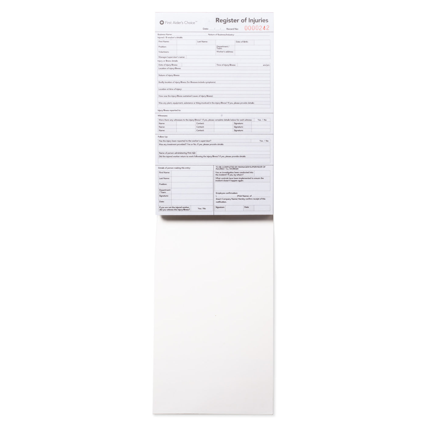 First Aider's Choice Register Of Injuries Book & Pen — Trafalgar First Aid
