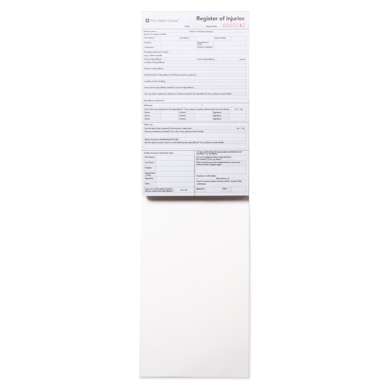 First Aider's Choice Register Of Injuries Book & Pen — Trafalgar First Aid