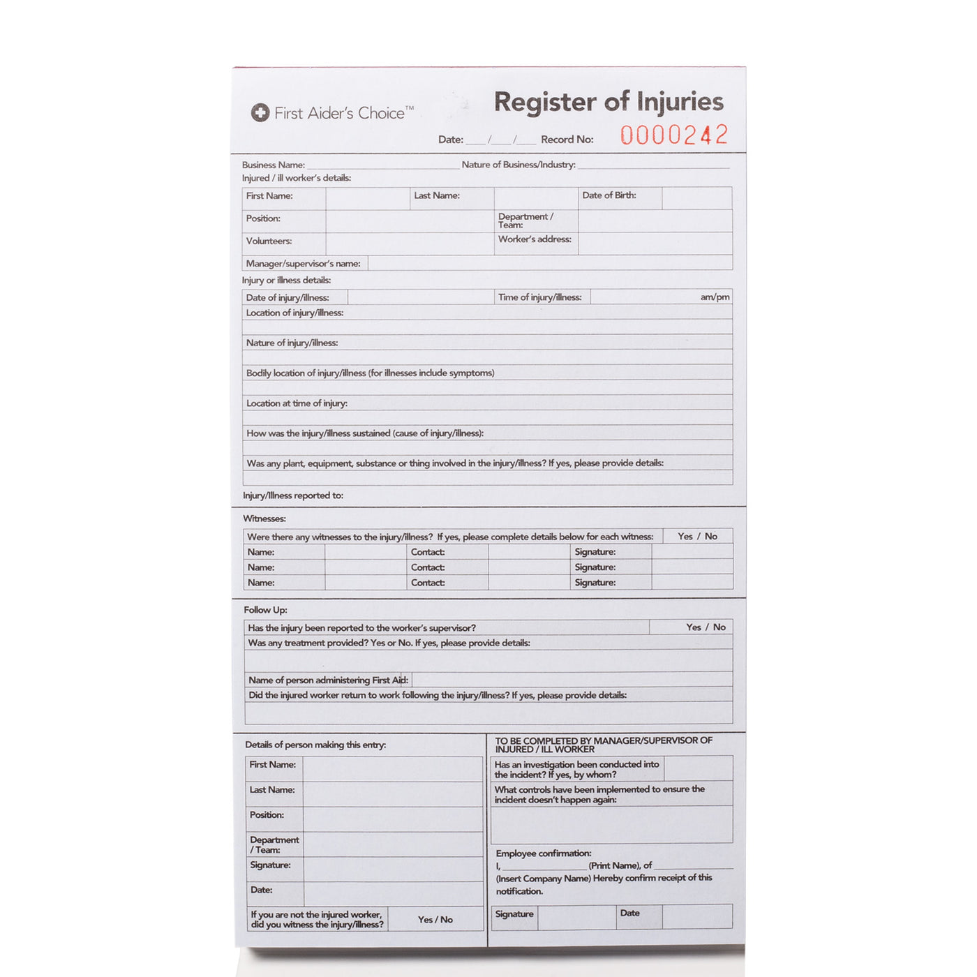 First Aider's Choice Register Of Injuries Book & Pen — Trafalgar First Aid