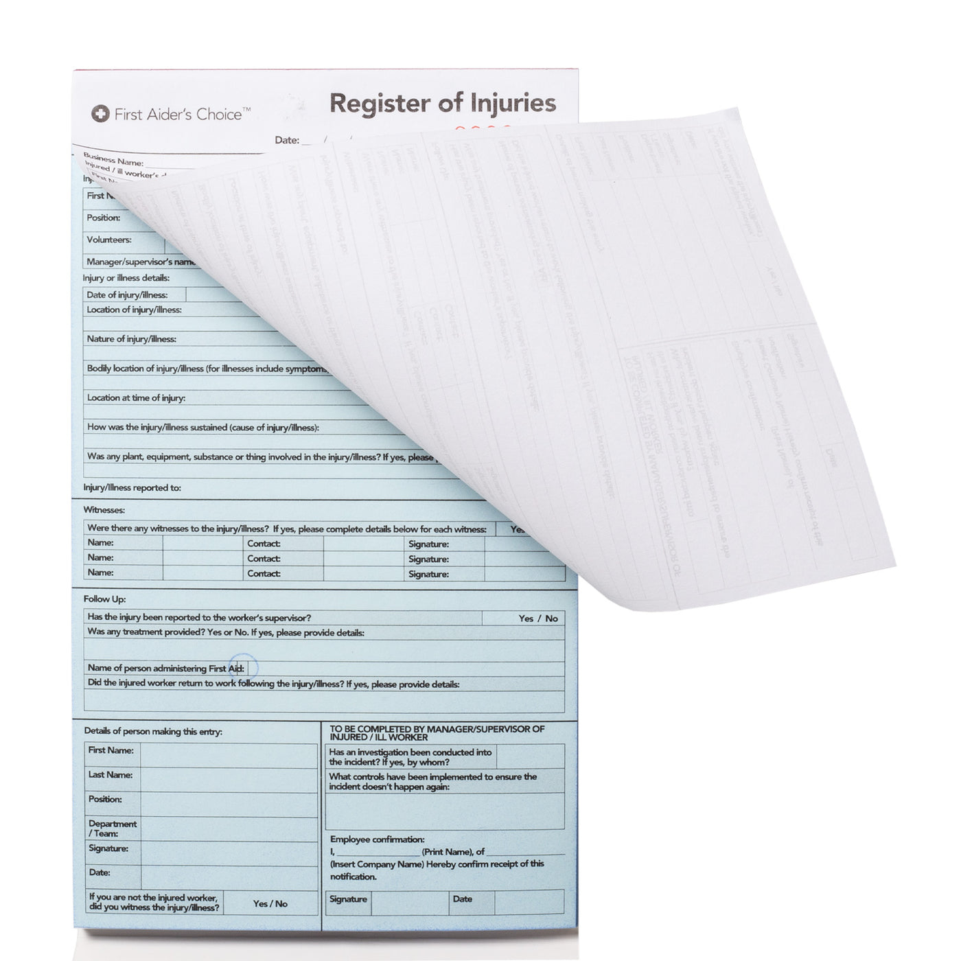 First Aider's Choice Register Of Injuries Book & Pen — Trafalgar First Aid